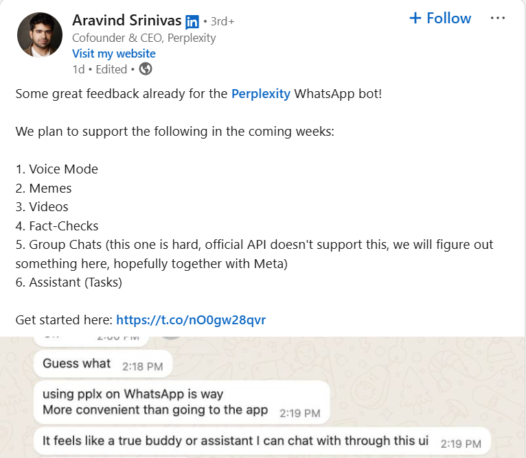 Perplexity AI is Now Here for WhatsApp Users
